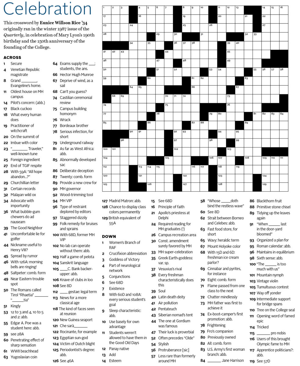 MHC Crossword Puzzle A Challenge For All Mount Holyoke Wonks Alumnae